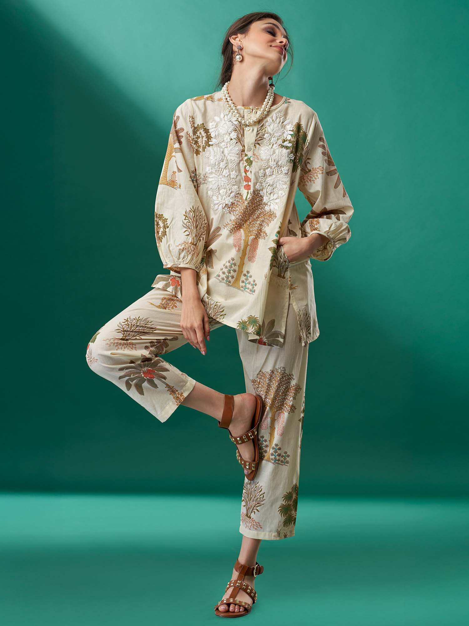 Kafila Cotton Top, Cotton Kurta, The Palms (ecru) - Ahilaya