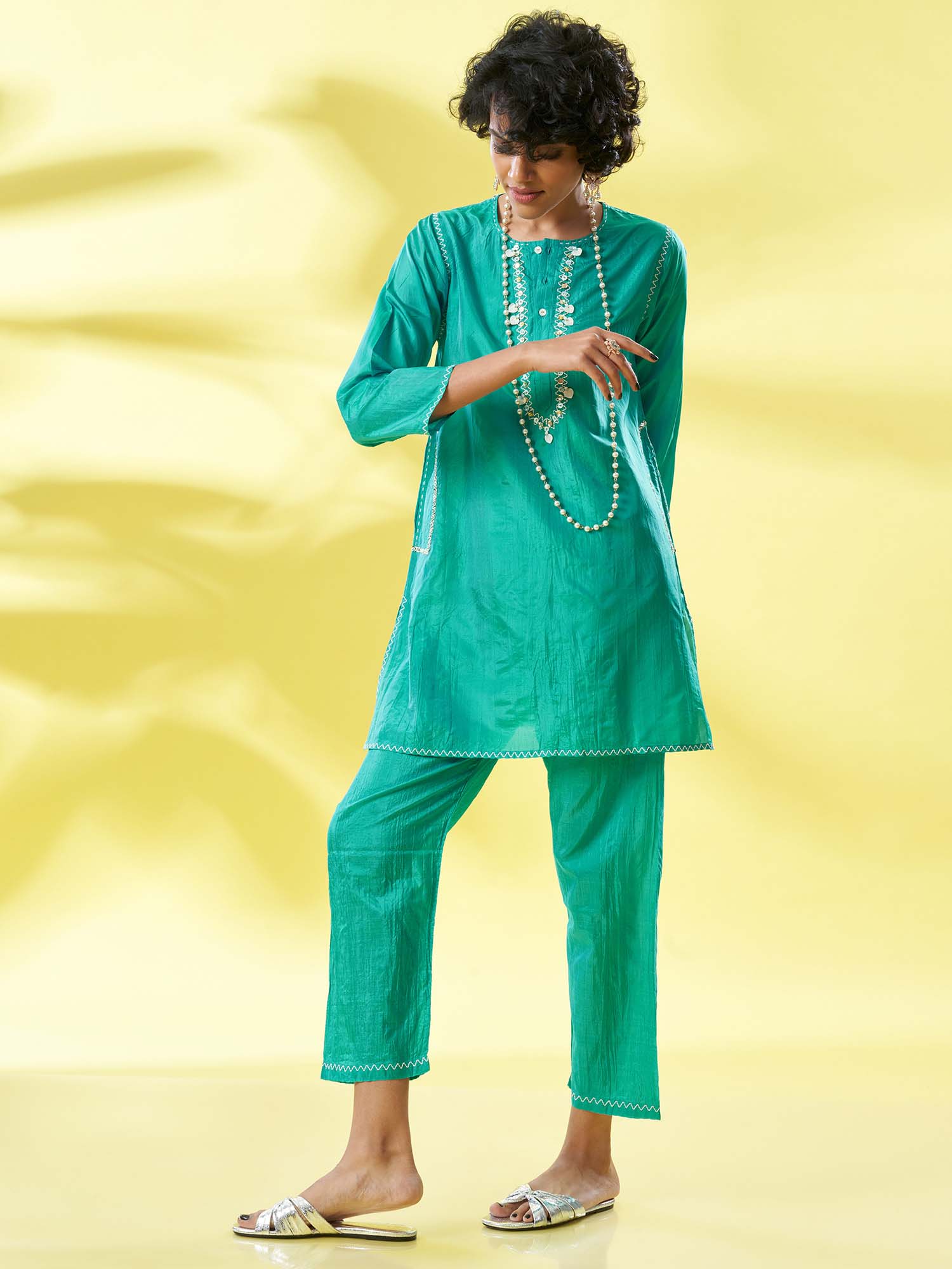 Lilypool Silk Matching Set, Washed Silk Twin Set, Fountain (Grn) - Ahilaya