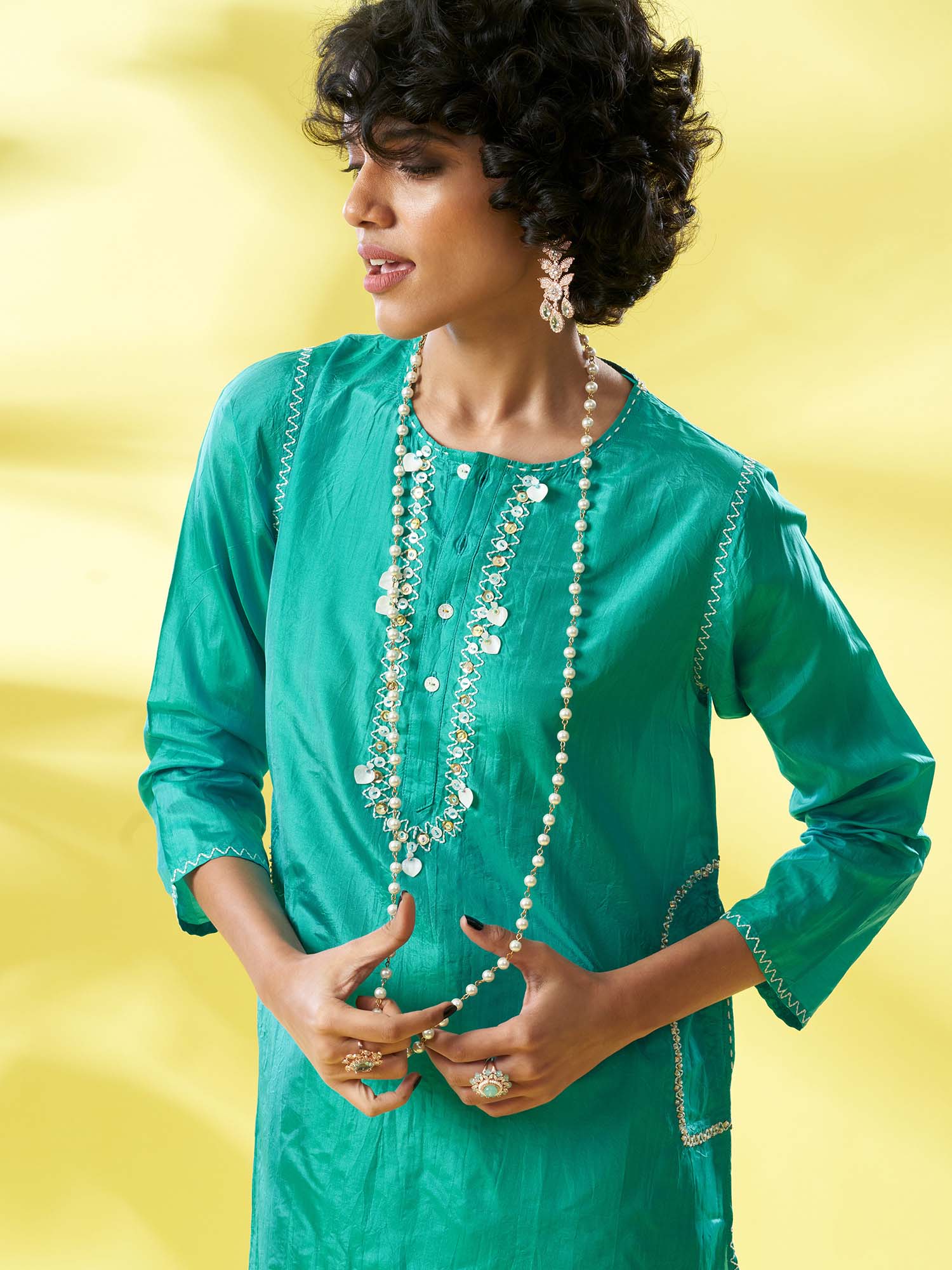 Lilypool Silk Matching Set, Washed Silk Twin Set, Fountain (Grn) - Ahilaya