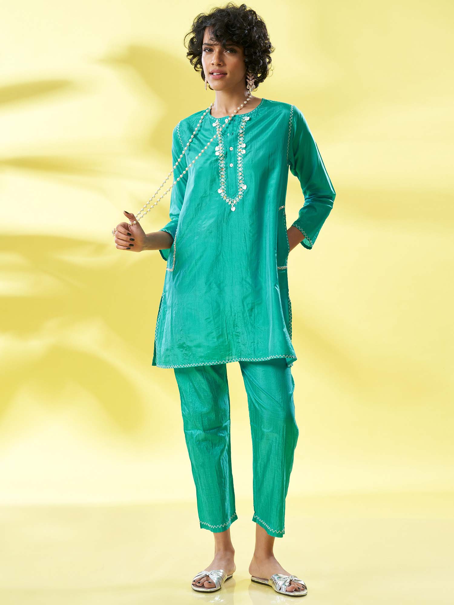 Lilypool Silk Matching Set, Washed Silk Twin Set, Fountain (Grn) - Ahilaya