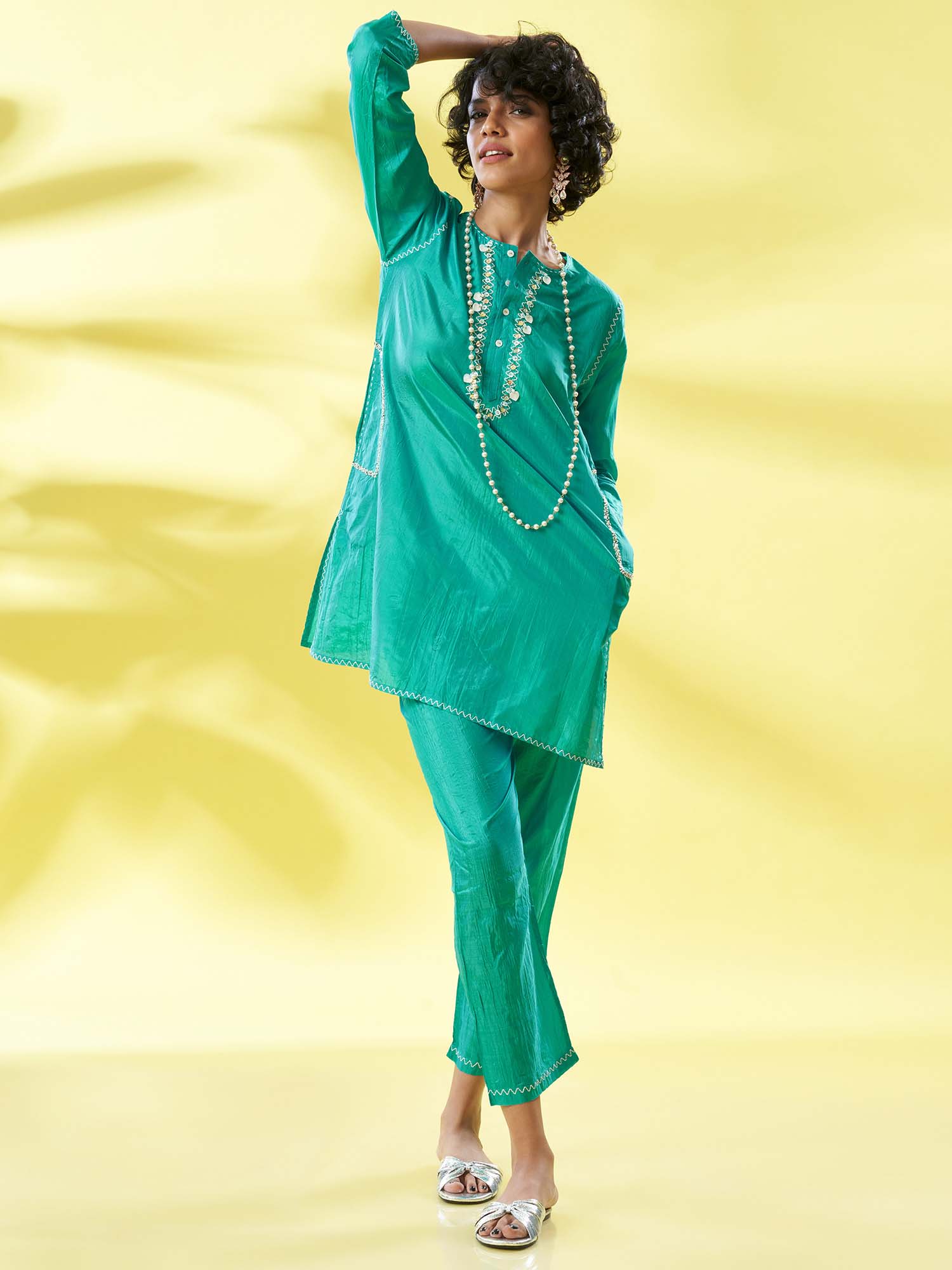 Lilypool Silk Matching Set, Washed Silk Twin Set, Fountain (Grn) - Ahilaya