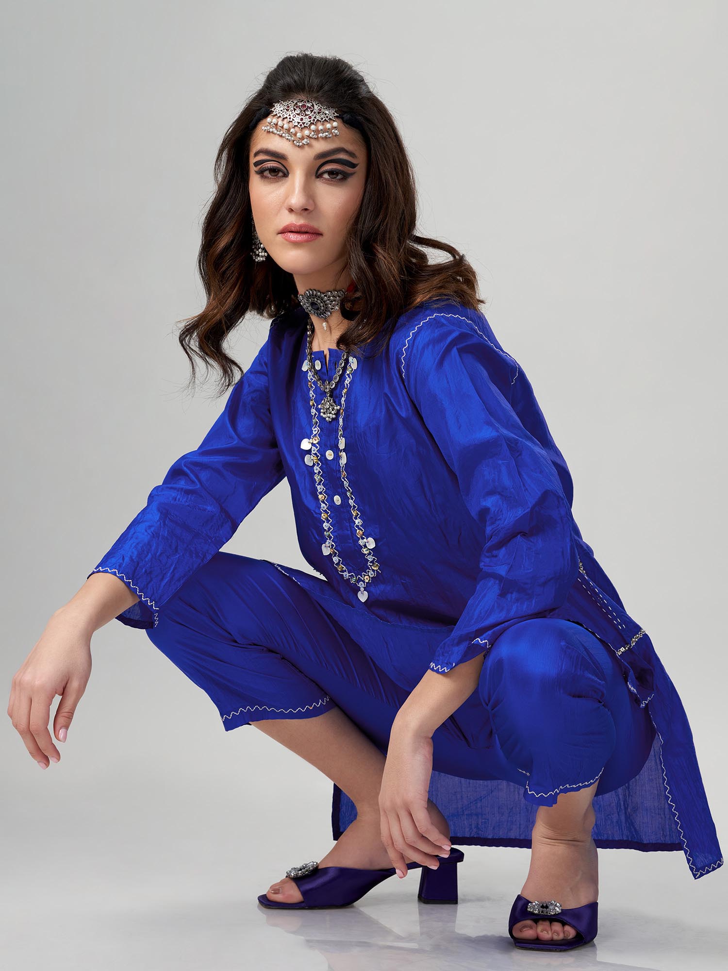 Lilypool Silk Matching Set, Washed Silk Twin Set, Chand Nur (blu) - Ahilaya